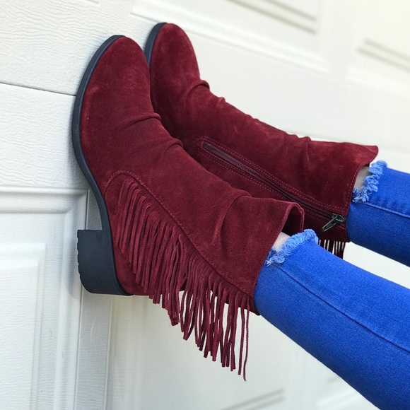 Anthropologie | Shoes | Leather Red Wine Boho Fringe Tall Ankle Boots ...